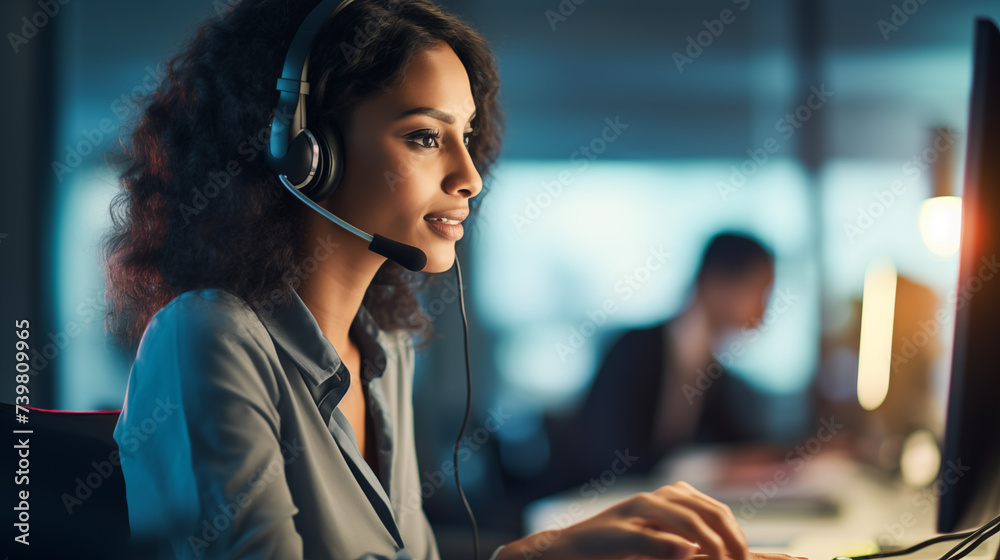 At her workstation in a busy call center, a female helpdesk service ...