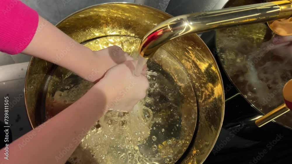 golden washbasin wash hands lather. parts of body wash away with water ...