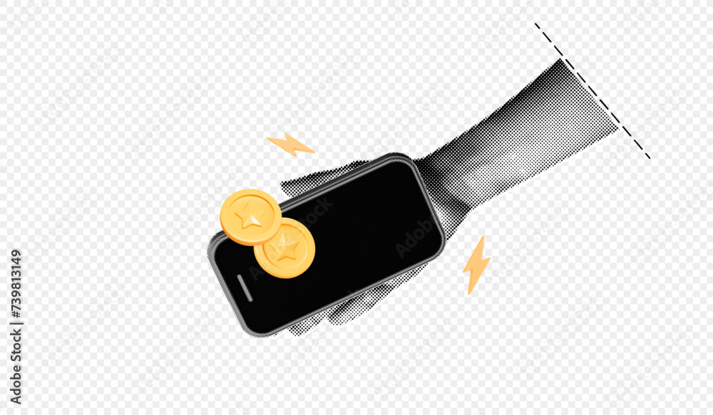 Trendy Halftone Collage Hand with Phone and Floating Coins. Payment ...
