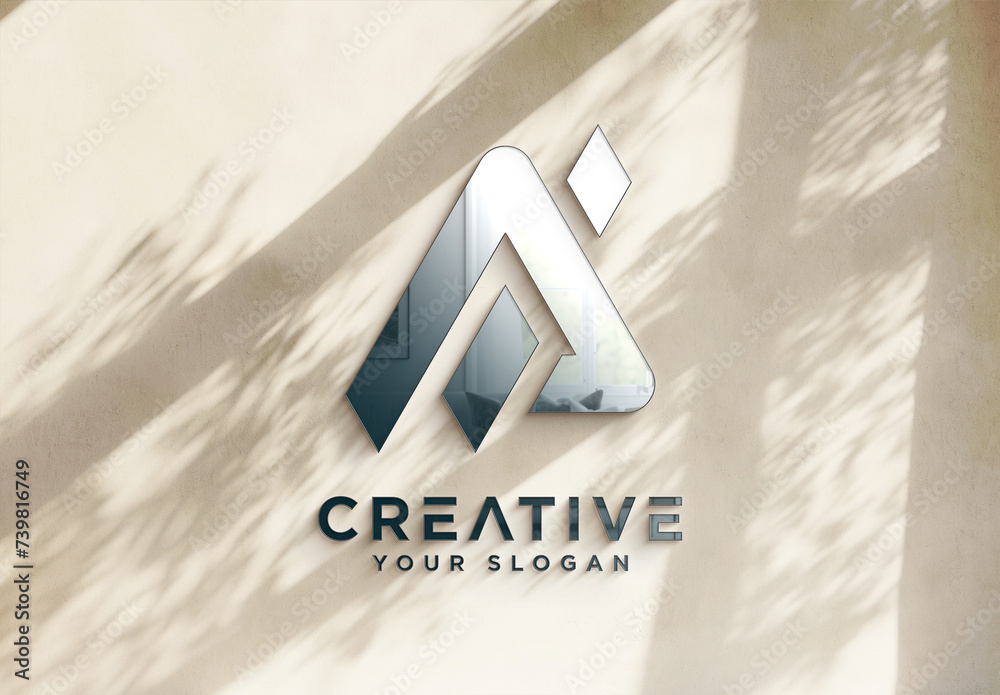 3D Glossy Metal Logo On Office Wall Mockup Stock Template | Adobe Stock