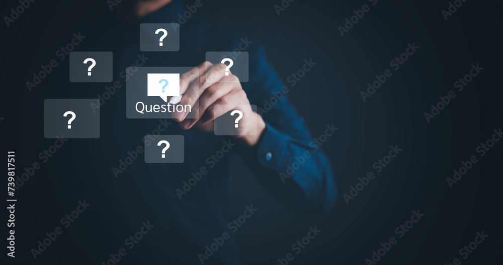 Ask question online concept, Businessman hand hold interface question ...