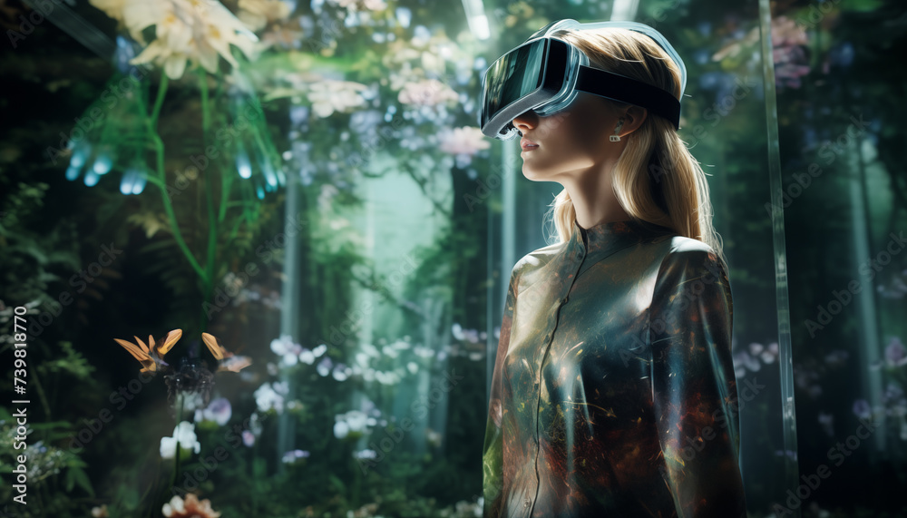 The woman is experiencing a virtual reality environment, exploring the ...