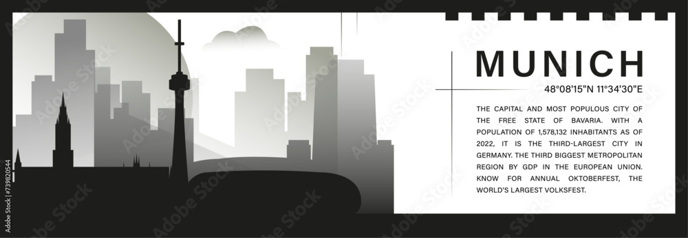 Munich skyline vector banner, black and white minimalistic cityscape ...
