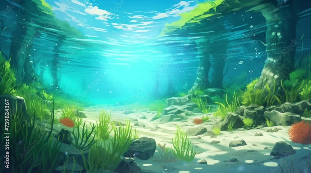 underwater aquatic fresh water ecosystem with blue water and sunlight ...