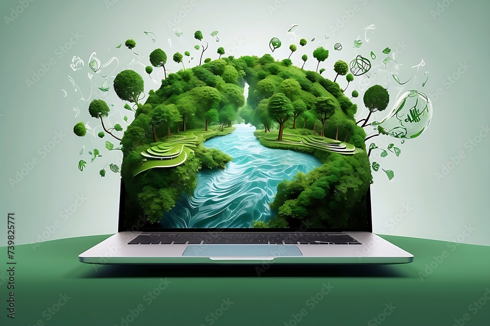 Technology with nature concept.Laptop screen with Green Globe and tree ...