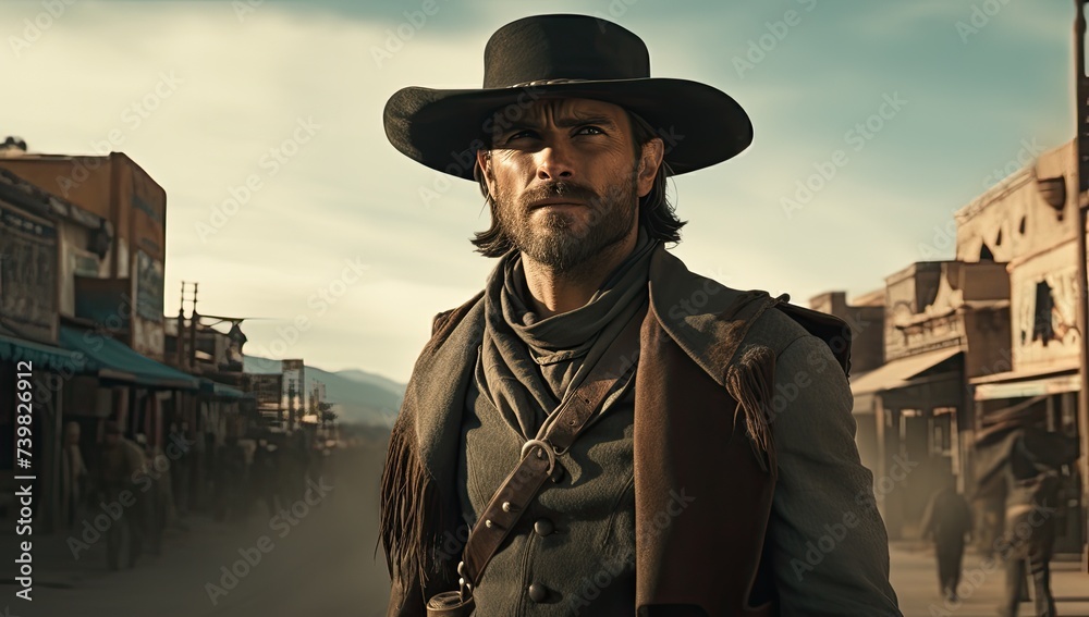 In a classic Western movie scene, a front view captures a cowboy ...