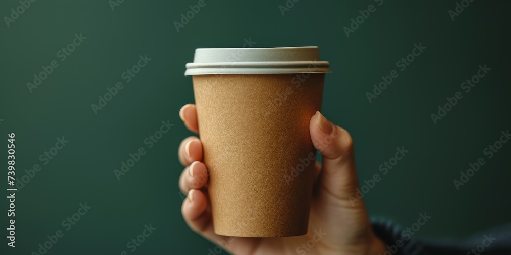 Cardboard cup of coffee without label for design, woman holding in ...