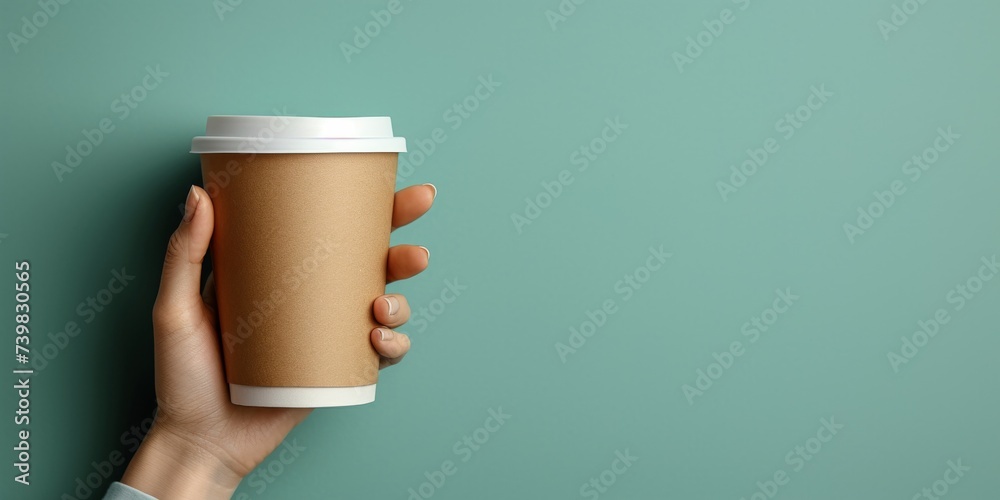 Cardboard cup of coffee without label for design, woman holding in ...