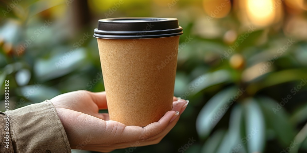 Cardboard cup of coffee without label for design, woman holding in ...