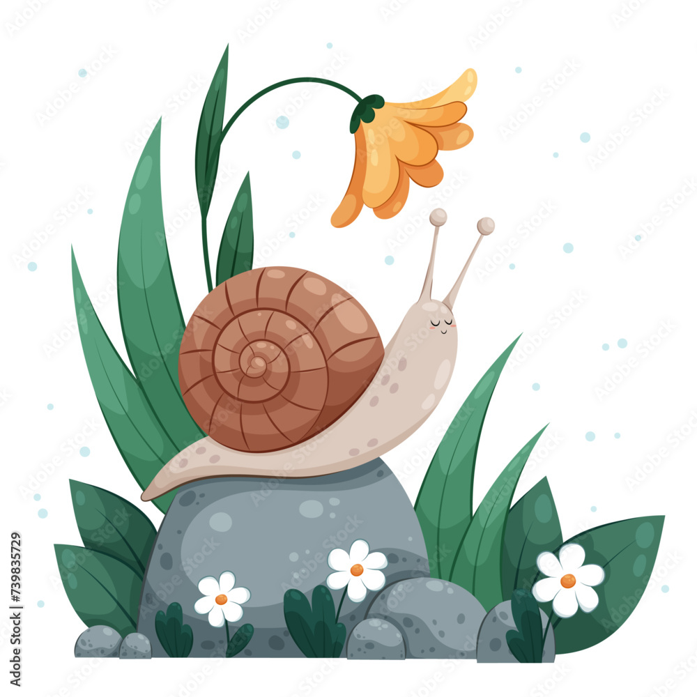 Cute snail on a stone in the grass with a flower. Vector cartoon ...
