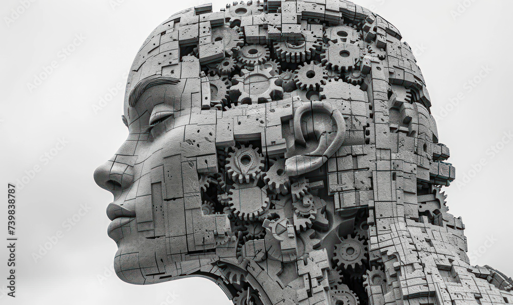 Artistic representation of a human profile with interlocking gears and cogs forming the brain ...