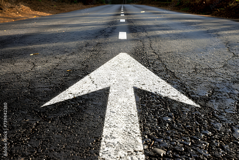 An asphalt road stretches into the distance with a painted white arrow ...