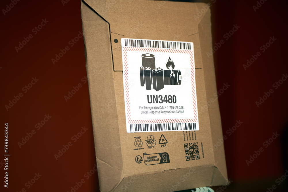 Battery warning label on a package for transporting flammable metal ...