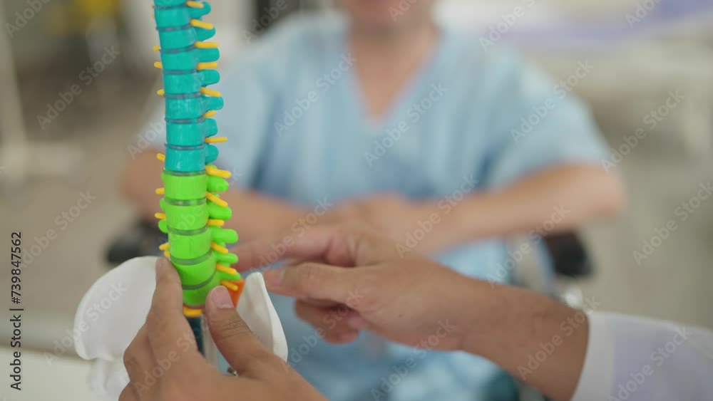 Close up orthopedic, spine model while doctor explaining a back injury ...
