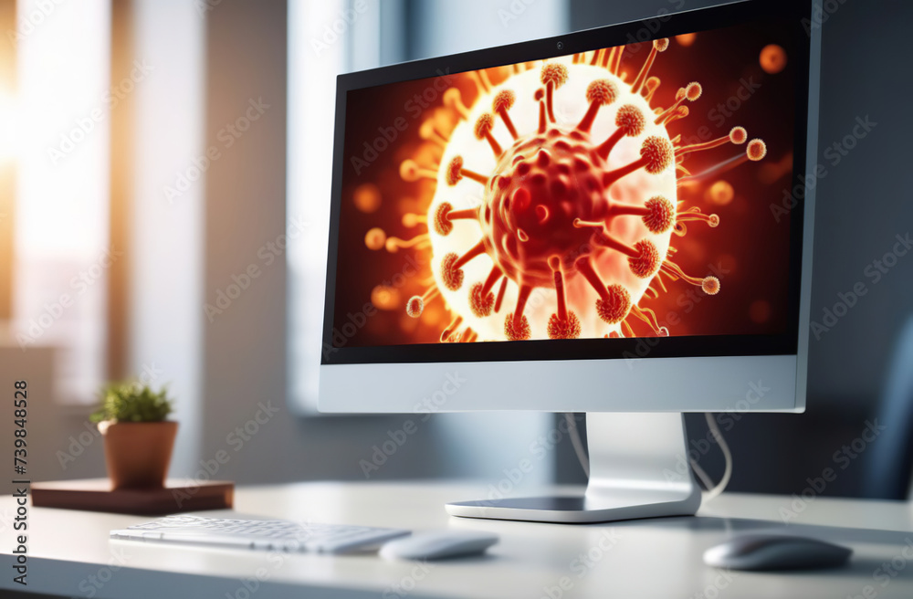 Neon coronavirus on computer screen. Close up PC monitor showing ...