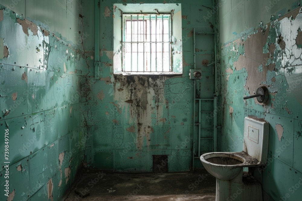 Abandoned prison cell with peeling turquoise paint and a small barred window. Stock Photo ...