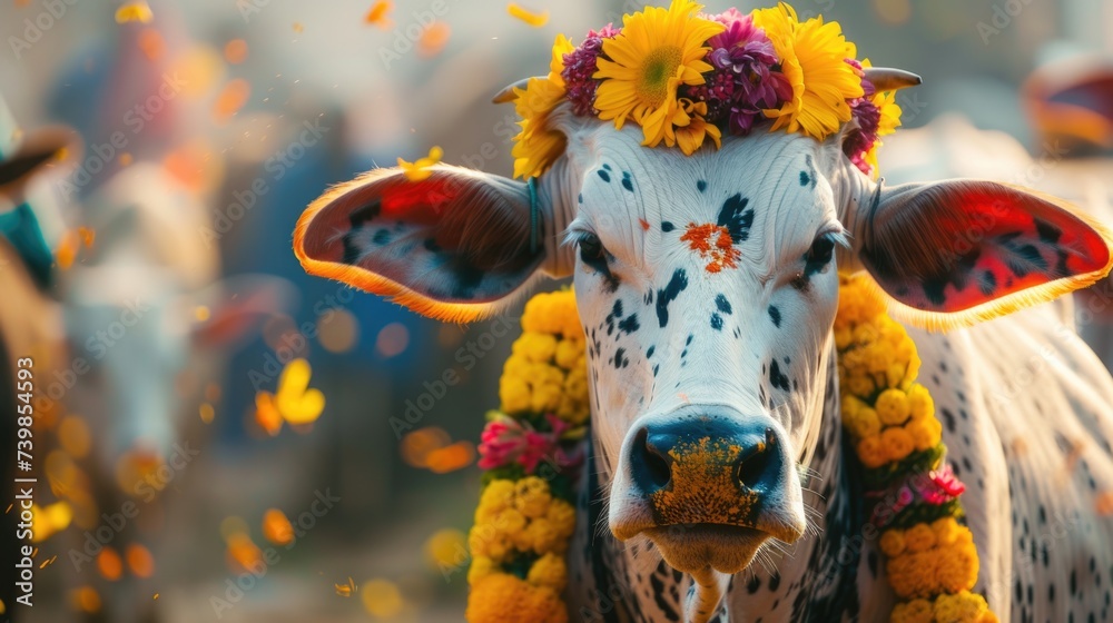 Decorated cow with marigold flowers and painted horns. Stock Photo ...