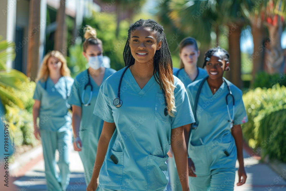 team of medical students in scrubs walk together on a university ...