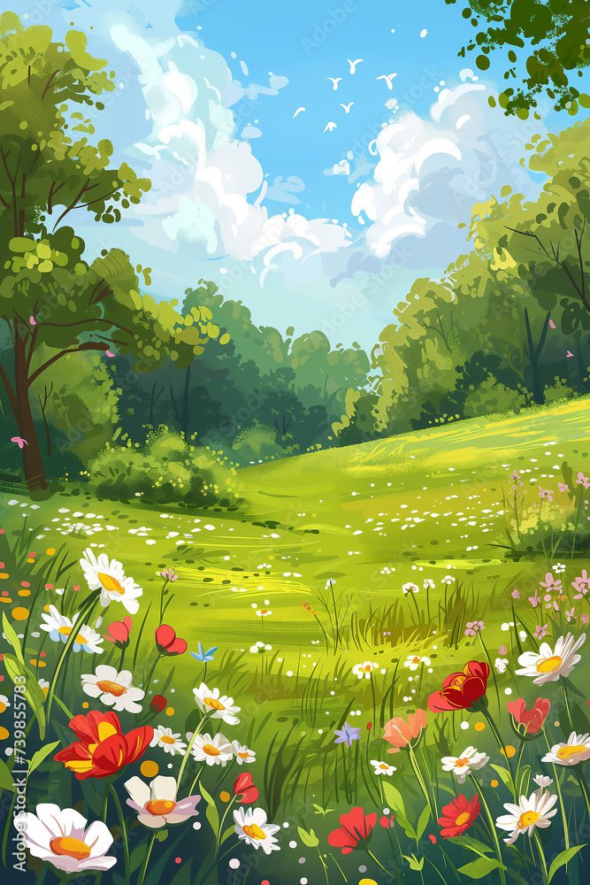 Cartoon meadow spring country meadow landscape background of a ...