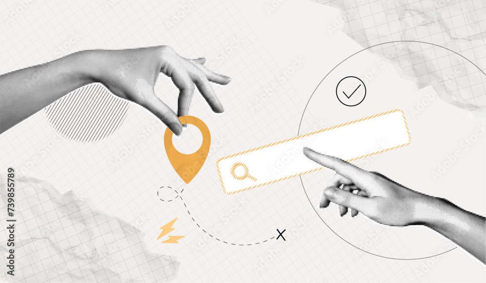 Trendy Halftone Collage with Hand holding pin location and search bar ...
