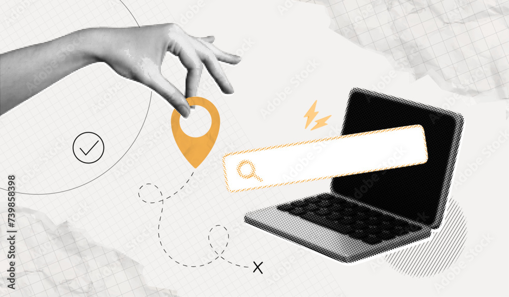 Trendy Halftone Collage Hand holding Pin Location and Computer Laptop ...