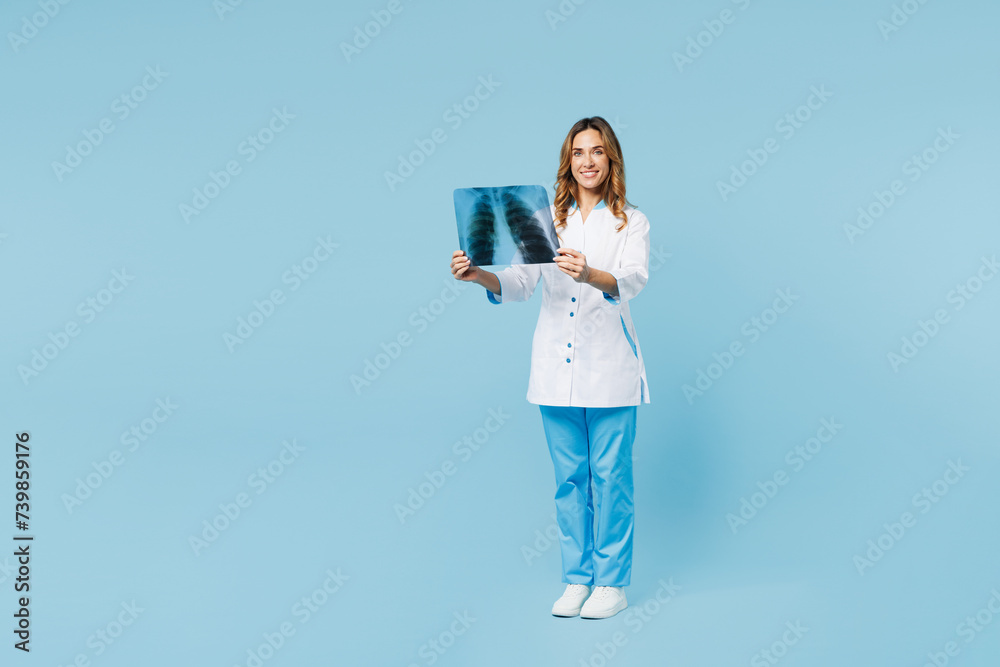 Full body female doctor woman wears white medical gown suit work in ...