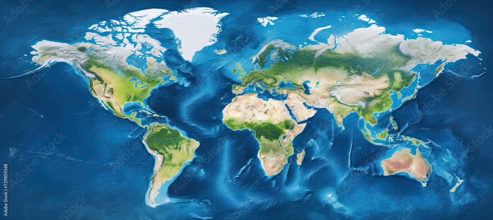 World map, Earth flat view from space. Physical map on global satellite ...