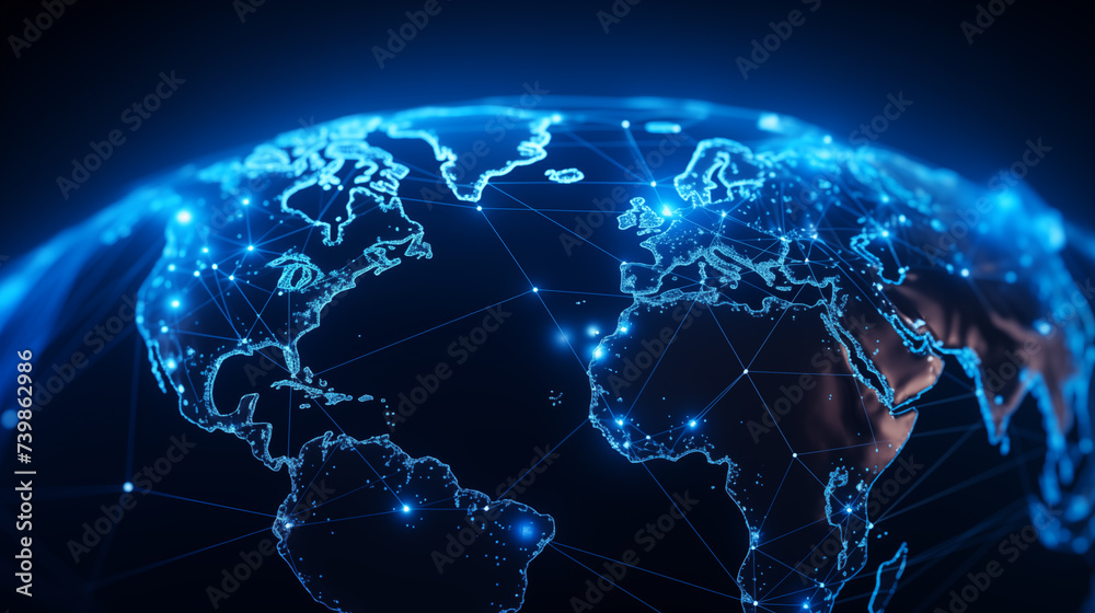 Digital world map with glowing connections image background. Global network close up picture ...