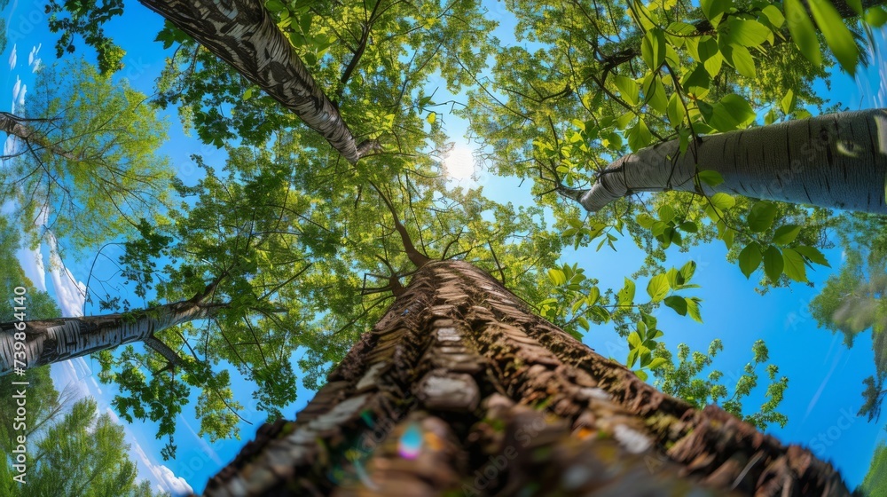Large tree view from below. Closeup tree trunk with bark and branches ...