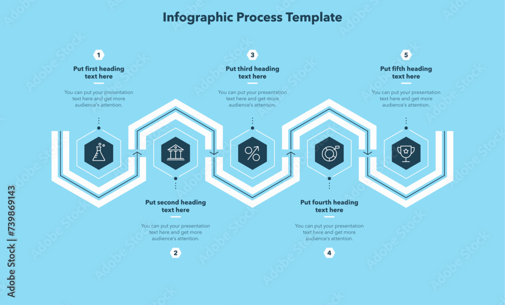Horizontal process infographic template with five stages - blue version ...