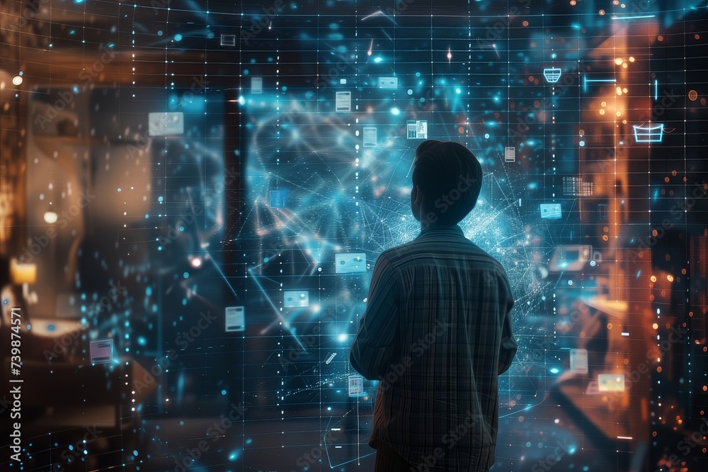 Thoughtful boy looking at futuristic interface in modern room interior ...