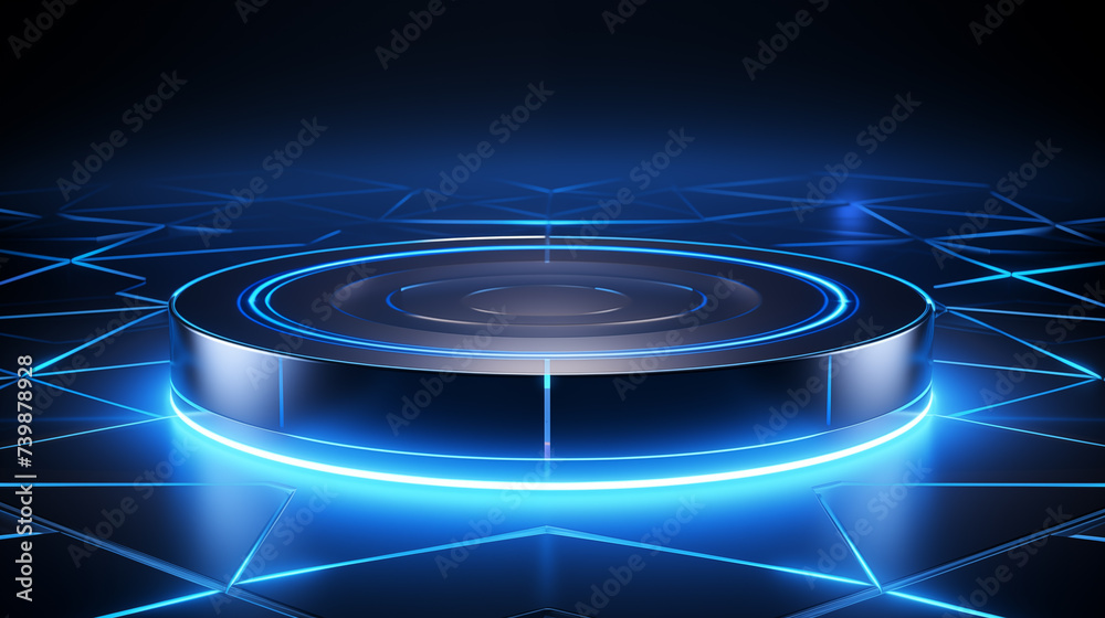 Circle blue neon pedestal podium mockup. High-tech grid. Digital ...