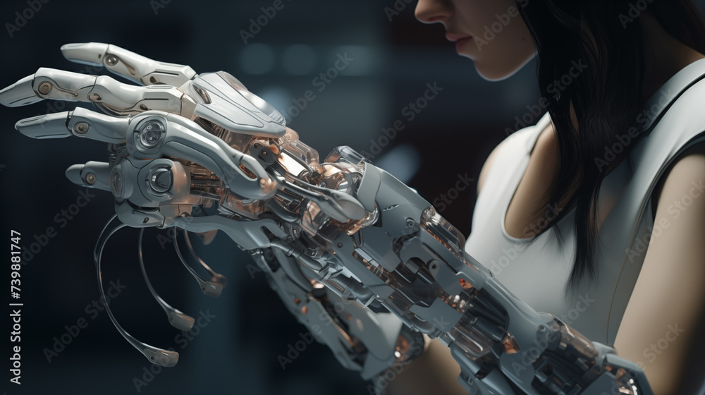 Close-up woman with robotics arms image background. Female mechanical ...