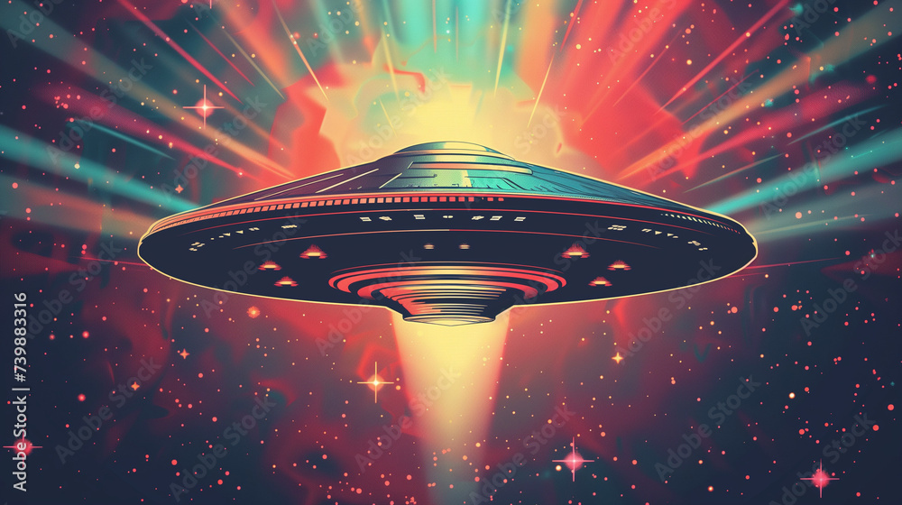 vintage flying saucer ufo poster on with colorful sunburst background ...