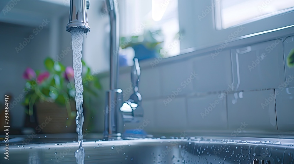 kitchen, dishwashing sink, stainless steel tap, water flow, wall, white ...