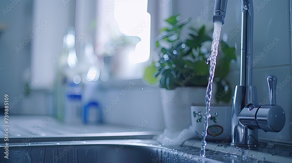 kitchen, dishwashing sink, stainless steel tap, water flow, wall, white ...