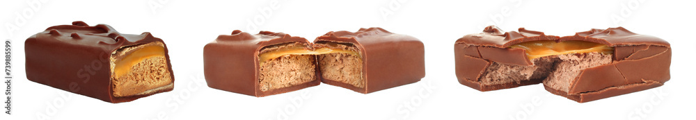 Set of Broken chocolate bar with stretching caramel, isolated on ...