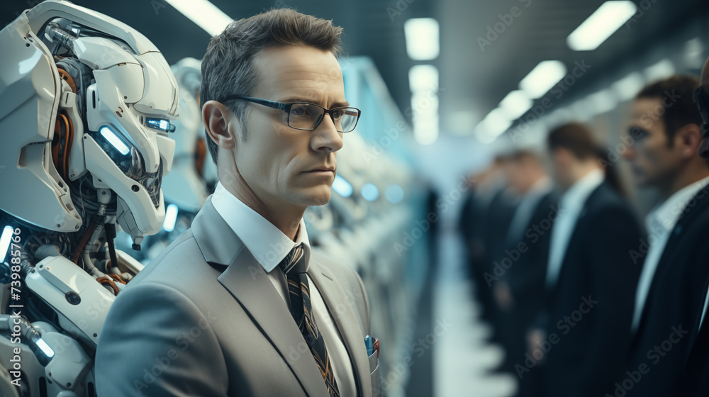 Businessman stands alongside robots lineup portrait image. Humans and ...