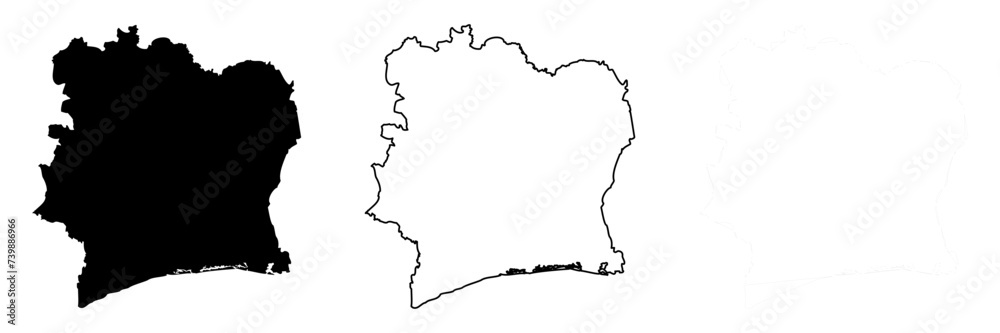 Ivory Coast country silhouette. Set of 3 high detailed maps. Solid ...