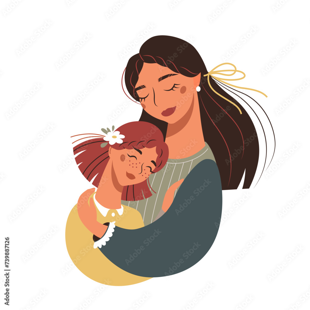 Nice cartoon young woman hugs her daughter. Beautiful mom with a girl ...