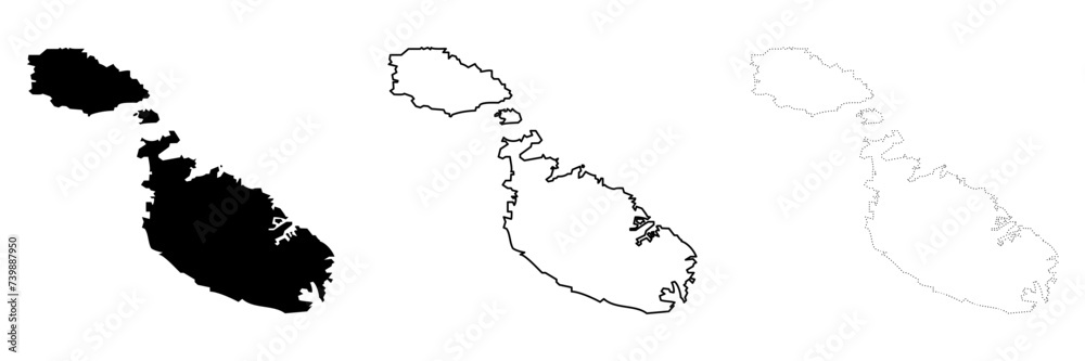 Malta country silhouette. Set of 3 high detailed maps. Solid black ...