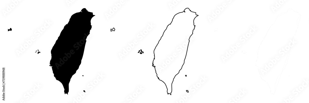 Taiwan country silhouette. Set of 3 high detailed maps. Solid black ...
