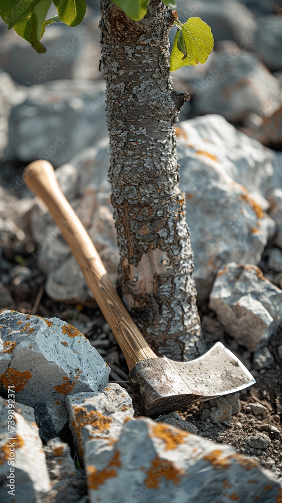 The parable of the barren fig tree. Tree and ax at the roots. Christian ...