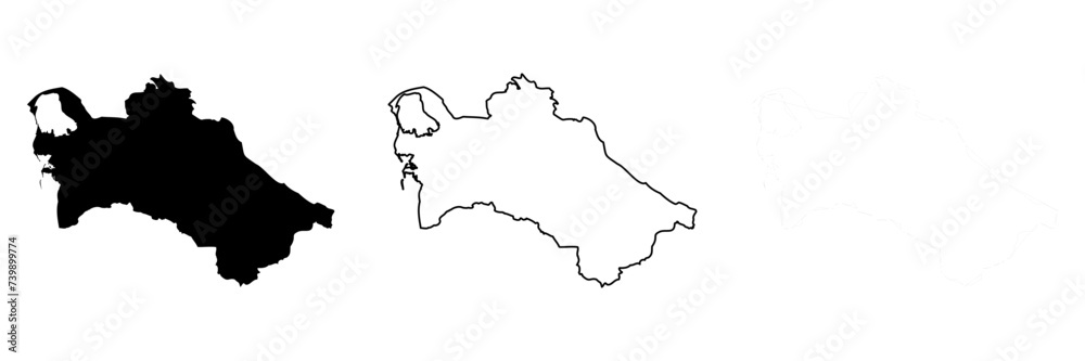 Turkmenistan country silhouette. Set of 3 high detailed maps. Solid ...
