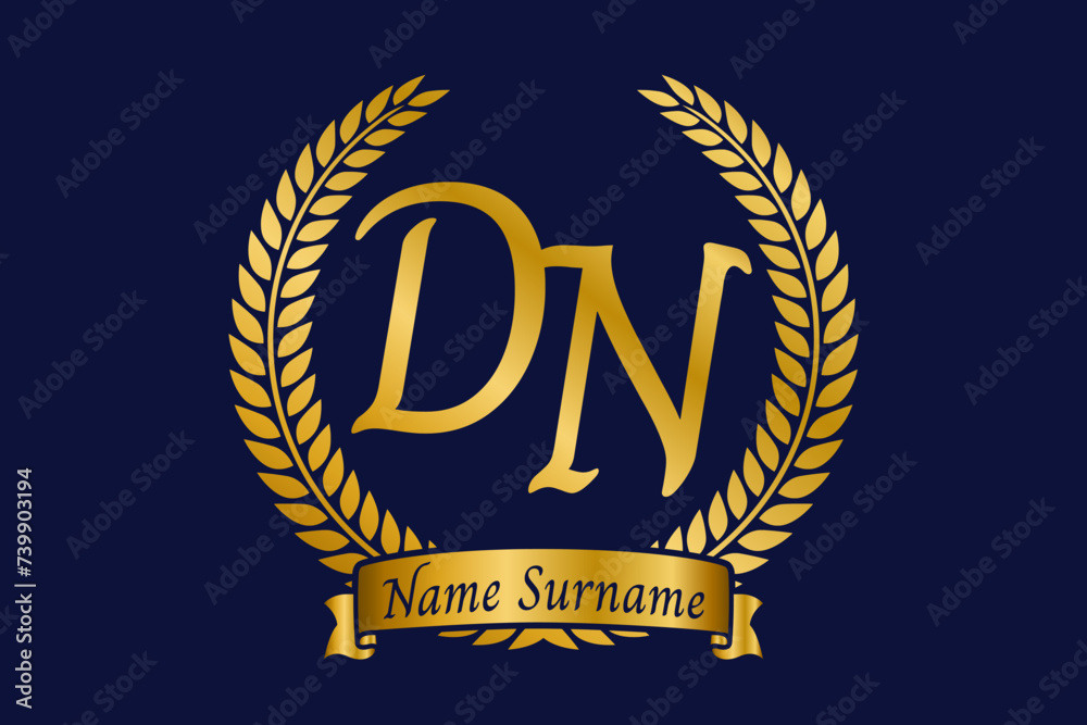 Initial letter D and N, DN monogram logo design with laurel wreath ...