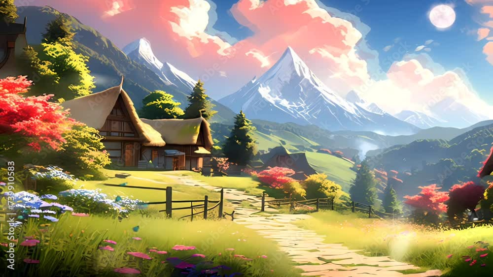 Beautiful rural fantasy landscape background. View of house in mountain ...