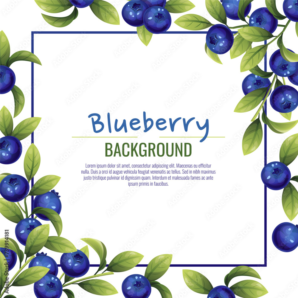 Card design with blueberries and green leaves. Frame, background with ...