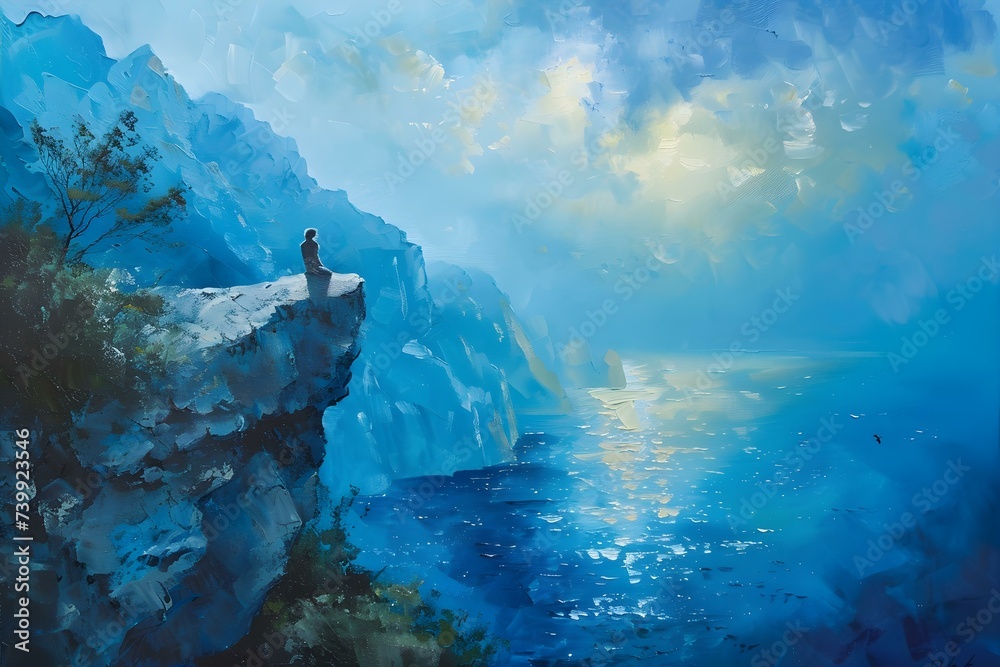 Spectacular painting of a person on a mountain cliff gazing at the sea ...