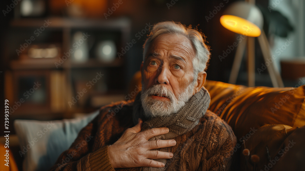 Old Man having Heart Pain while Sitting on sofa, soft focus, blur ...