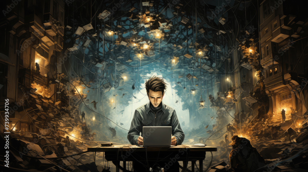 Surreal illustration, a man is bombarded with a lot of information ...